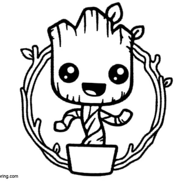 Baby Groot Coloring Pages with Flower - Free Printable Coloring Pages
